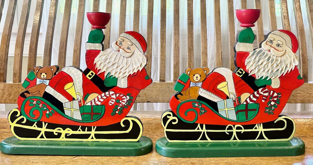 Colorful Wooden Santa in His Sleigh Candleholders Each One Sold ...