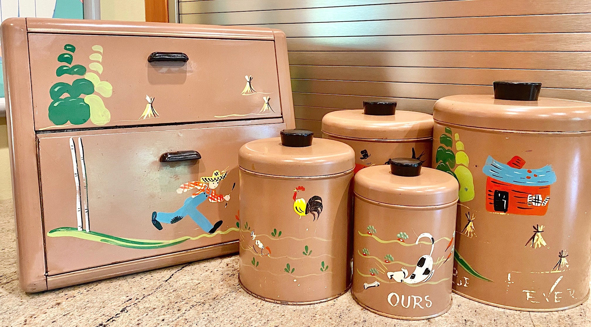 Shabby Hand Painted Metal Breadbox & Matching Canisters by - Etsy