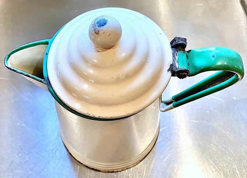 Cream Enamelware Coffee Pot With Green Trim - Etsy