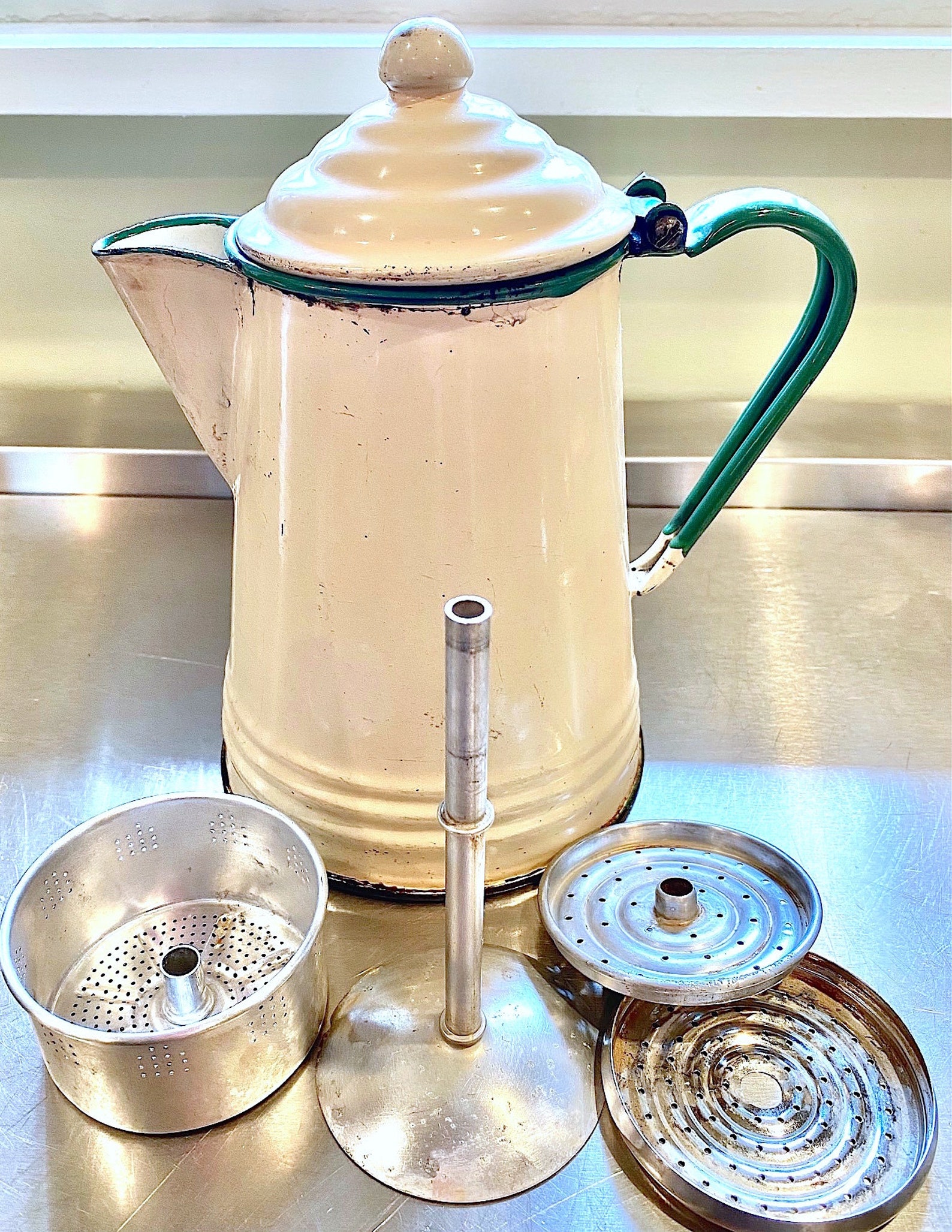 Cream Enamelware Coffee Pot With Green Trim - Etsy
