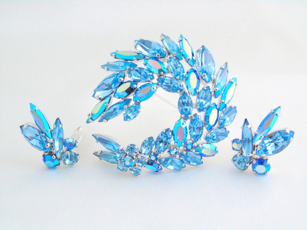 Sherman Brooch Set Signed Blue Swarovski Navette Marquis Chaton ...