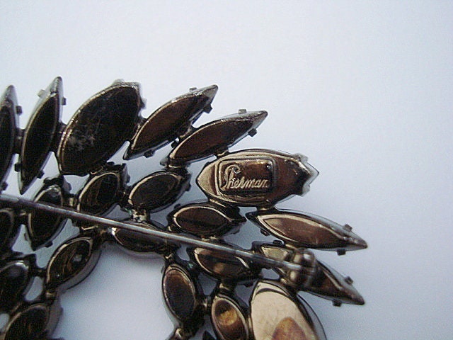 SHERMAN Brooch Signed Black Swarovski Navette and Marquis Rhinestones ...