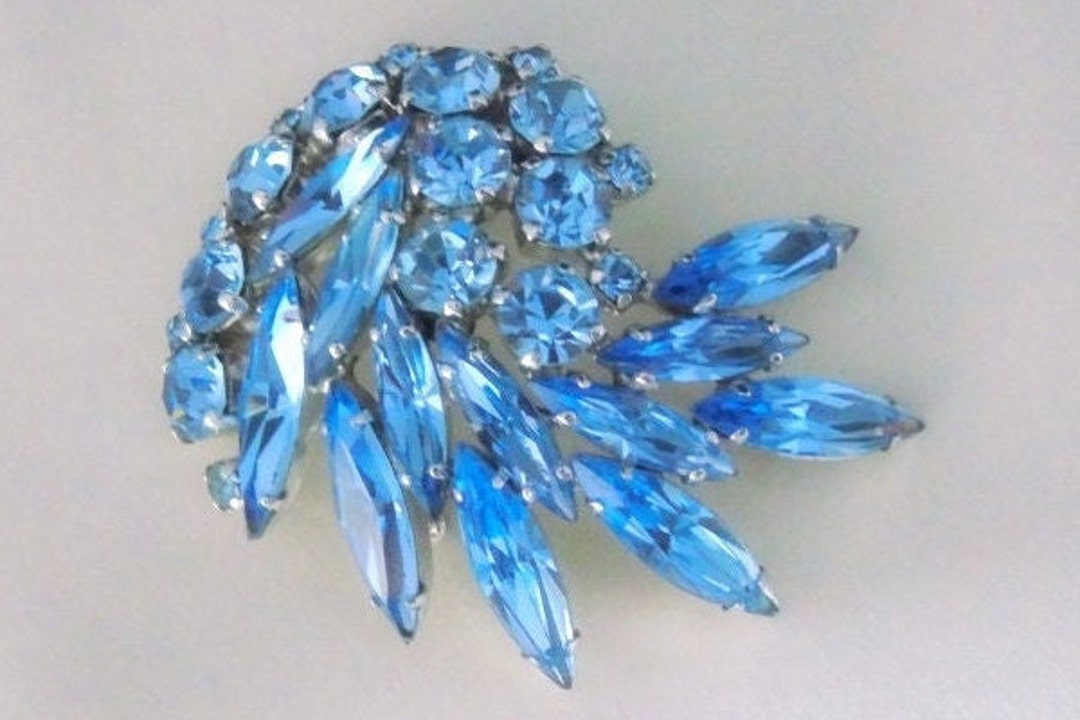 SHERMAN Brooch Signed Blue Swarovski Navette and Chaton Rhinestones ...