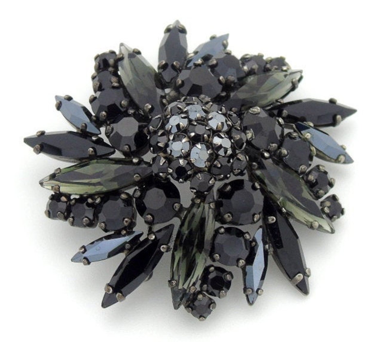 Sherman Brooch Signed Black Swarovski Navette & Chaton Rhinestones ...