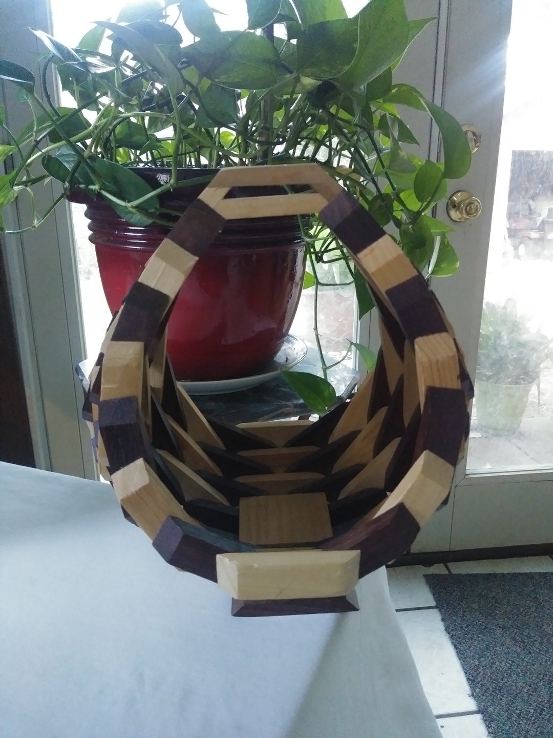 Vintage Very RARE Handmade Wooden Basket Decor ~ Geometric Wooden Decor ...