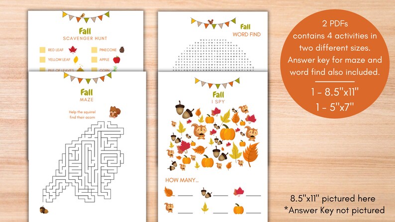 Printable Fall Activity Sheets Bundle: Ispy, Maze, Word Find (instant ...