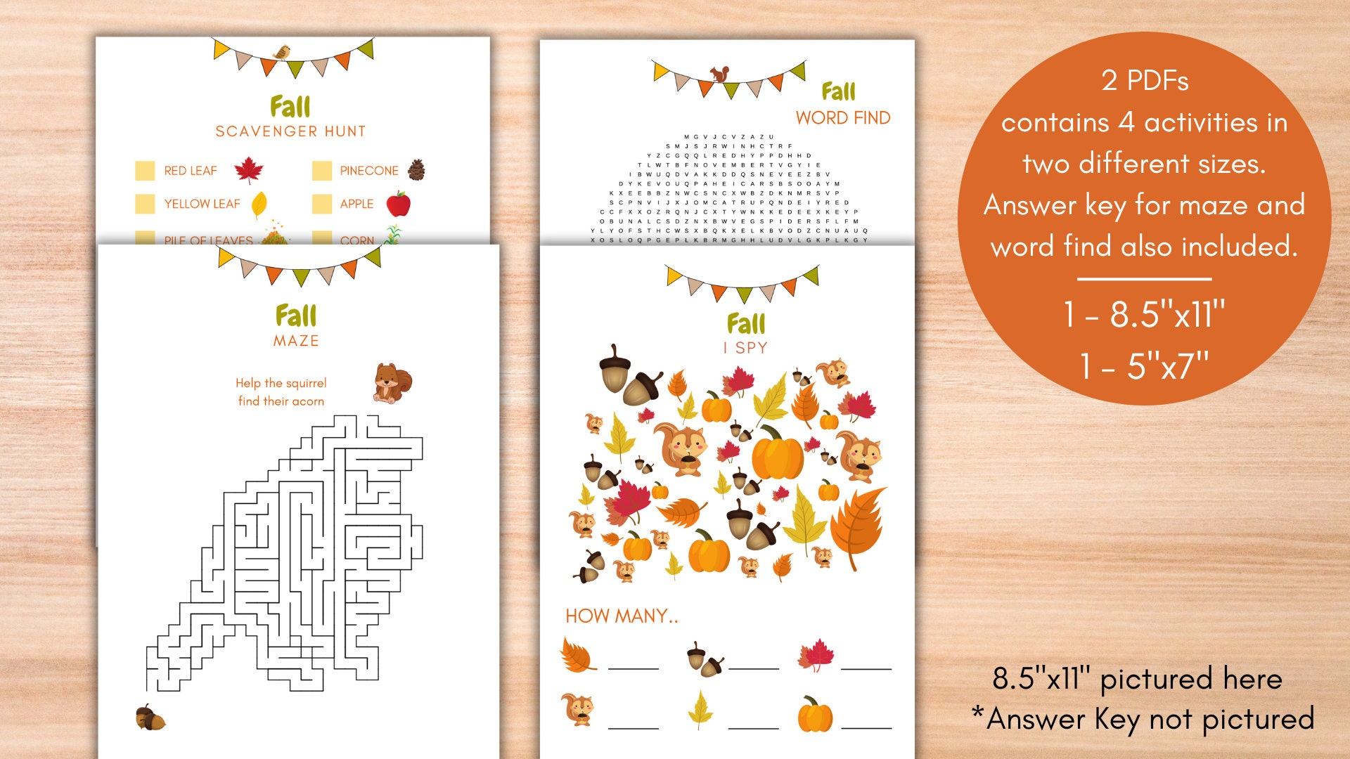 Printable Fall Activity Sheets Bundle: Ispy, Maze, Word Find (instant ...