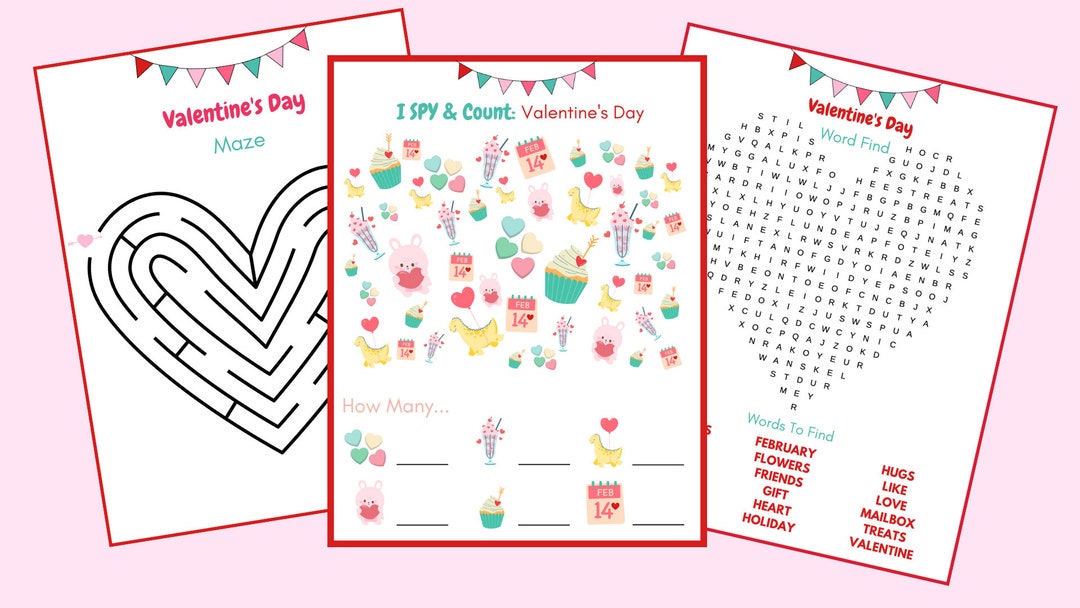 Printable Valentine's Day Themed Activities | ISPY | Maze | Word Find ...
