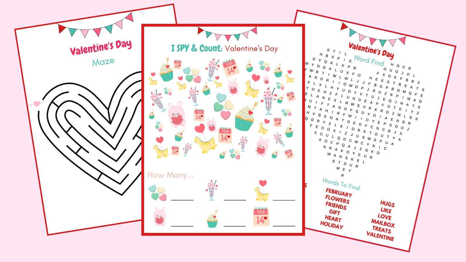 Printable Valentine's Day Themed Activities | ISPY | Maze | Word Find ...
