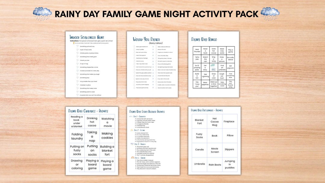 Rainy Day Family Game Night Printable Games Kit | Bingo, Charades (PDF ...