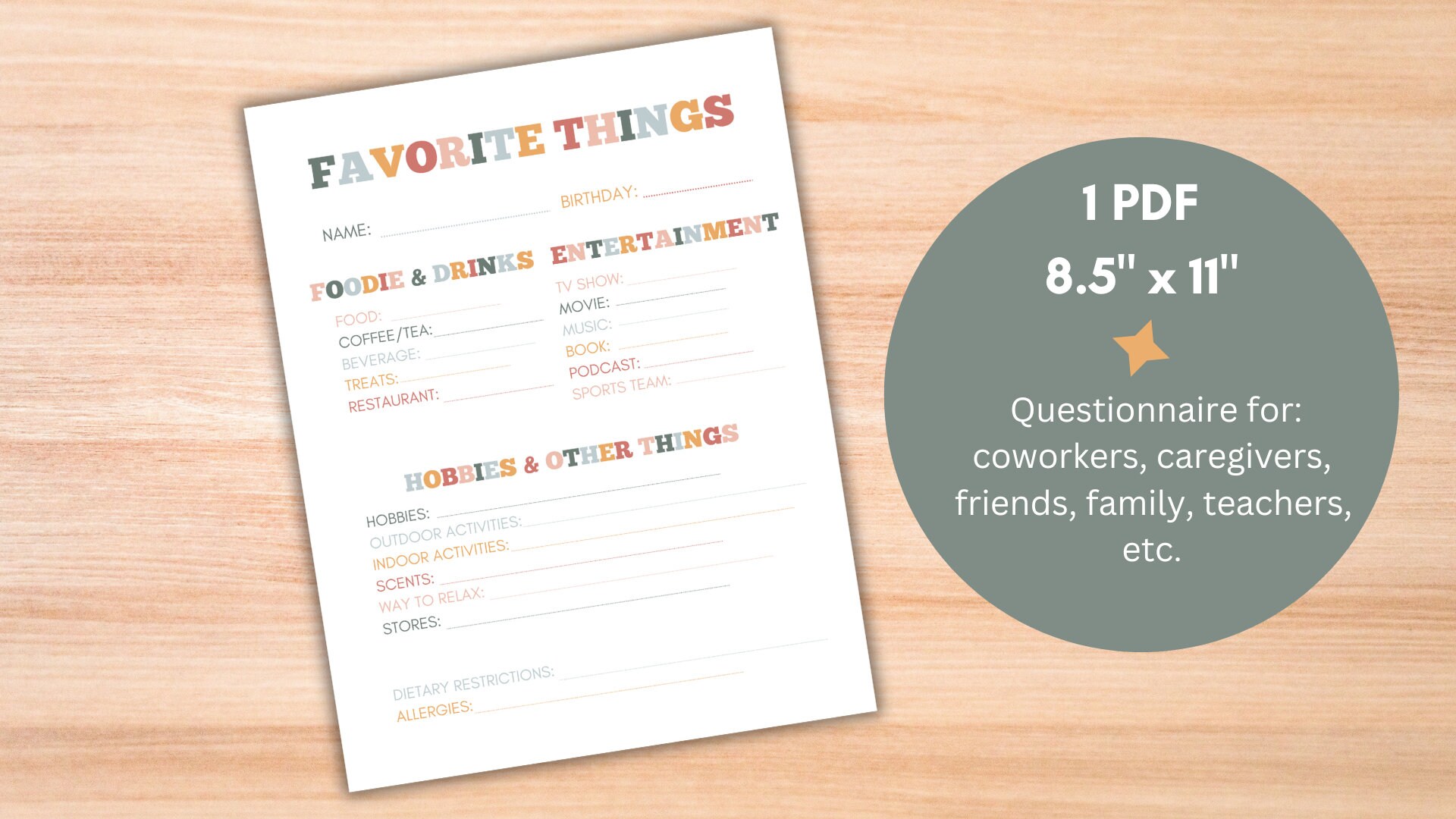 Printable Favorites Questionnaire | Coworker | Teacher | Caregiver ...