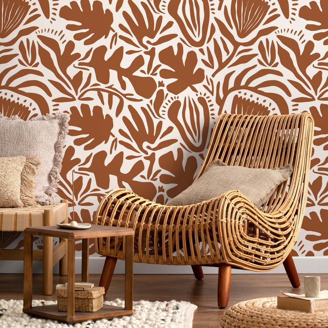 Terracotta Abstract Floral Wallpaper Modern Wallpaper Peel and Stick ...