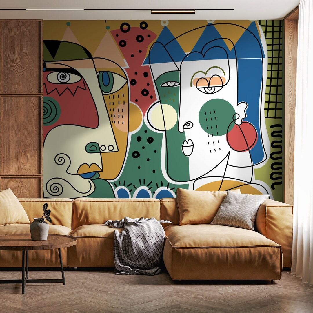 Colorful Line Art Mural Abstract Wallpaper Hand Drawing Wallpaper Peel ...
