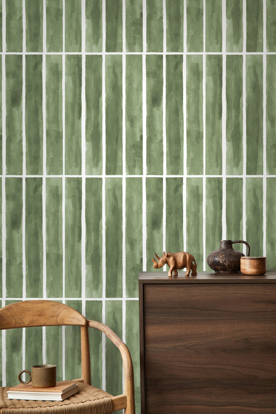 Green Modern Striped Wallpaper / Peel and Stick Wallpaper Removable ...