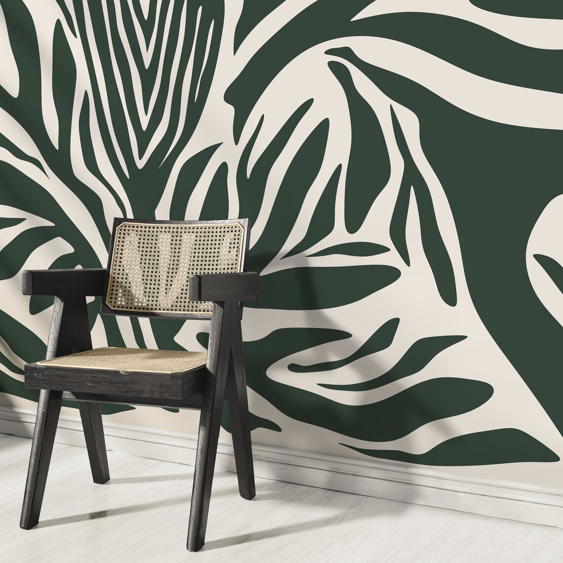 Modern Abstract Wallpaper in Dark Green and Cream on Cream - Peel and ...