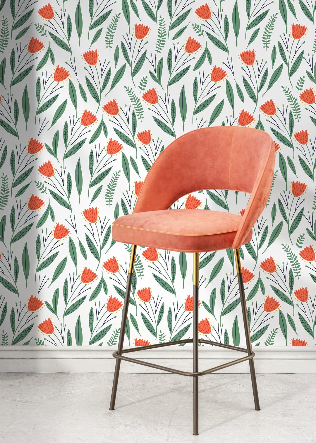 Floral Wallpaper With Folk Art Tulips and Leaves in Orange and Green ...