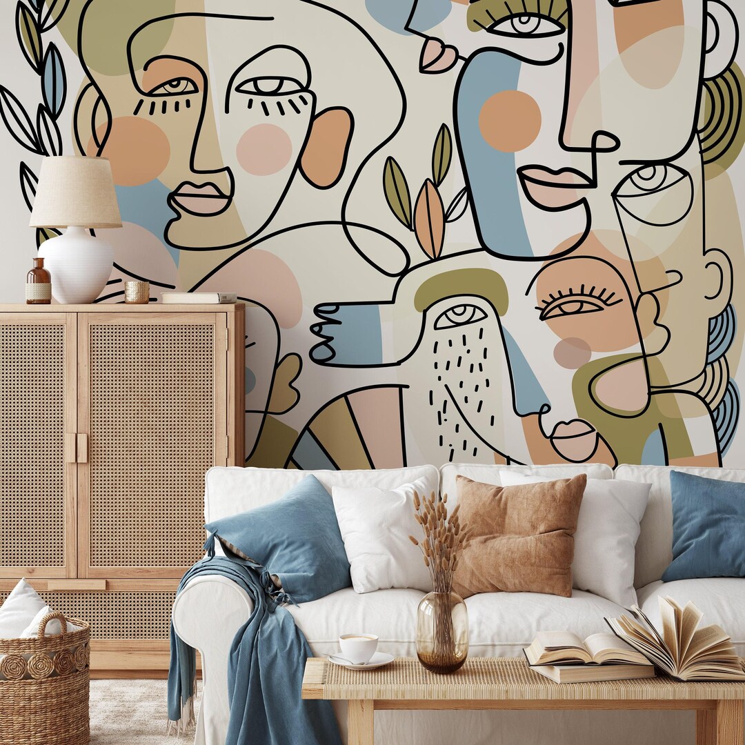 Abstract Wallpaper Featuring Continuous Line Faces in Peach, Blue, and ...