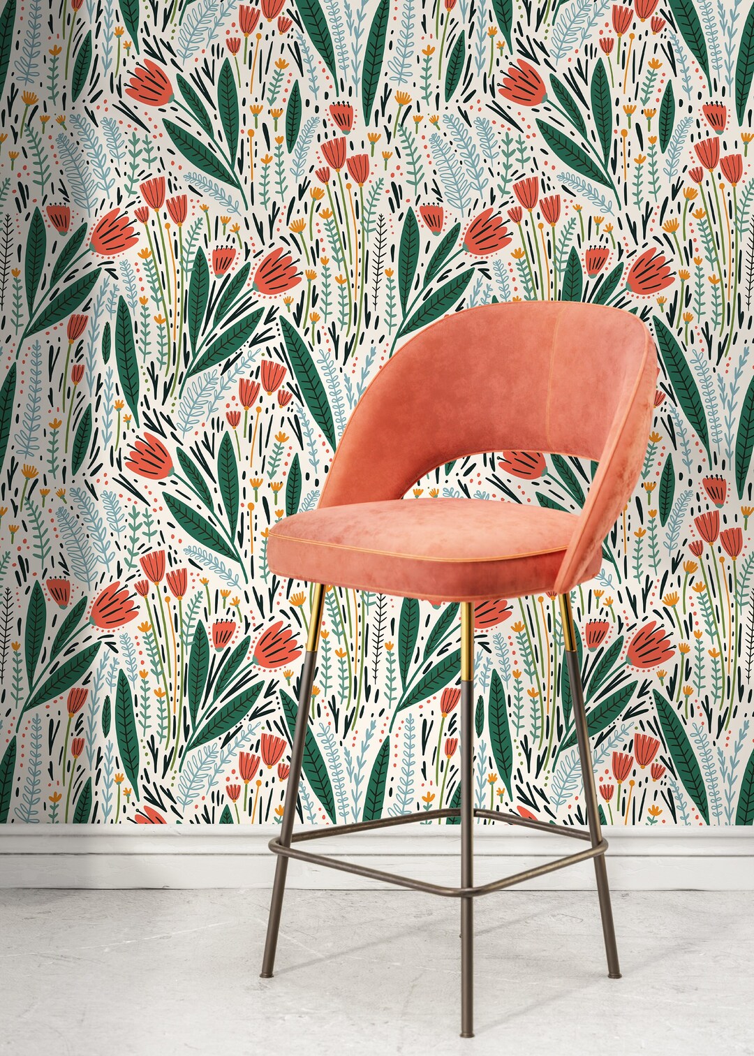 Scandinavian Floral Wallpaper / Peel and Stick Wallpaper Removable ...