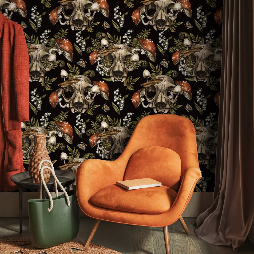 Dark Maximalist Wallpaper Skull and Mushroom Wallpaper Peel and Stick ...