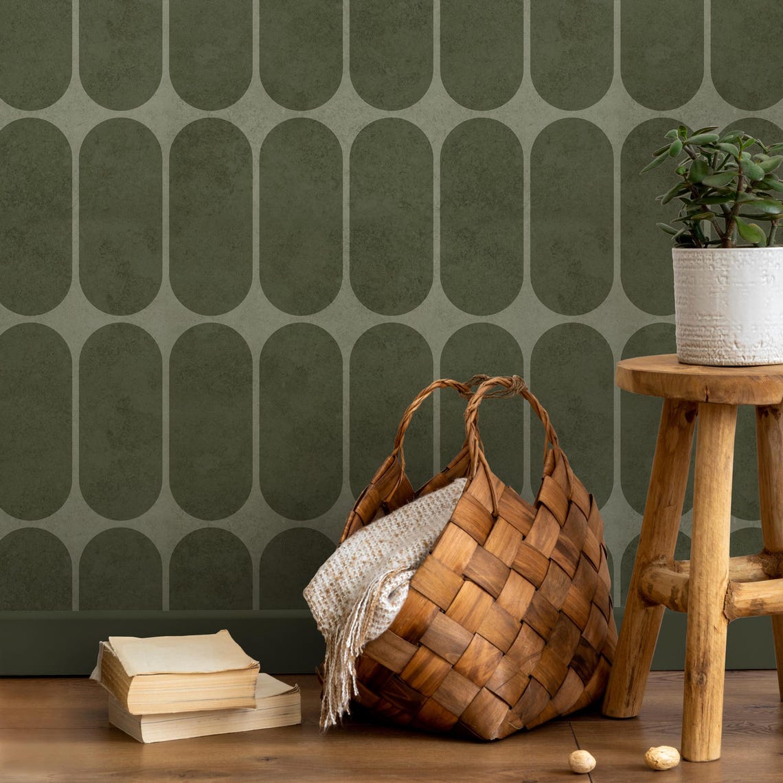 Geometric Wallpaper Peel and Stick - Art Deco Arches in Olive and Sage ...