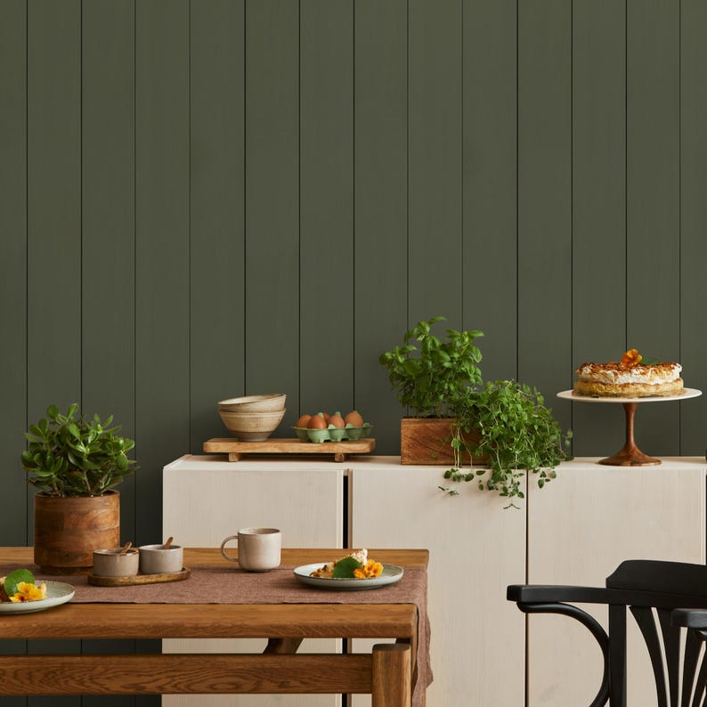Wood Panel Wallpaper With Vertical Slats in Olive Green and Black ...