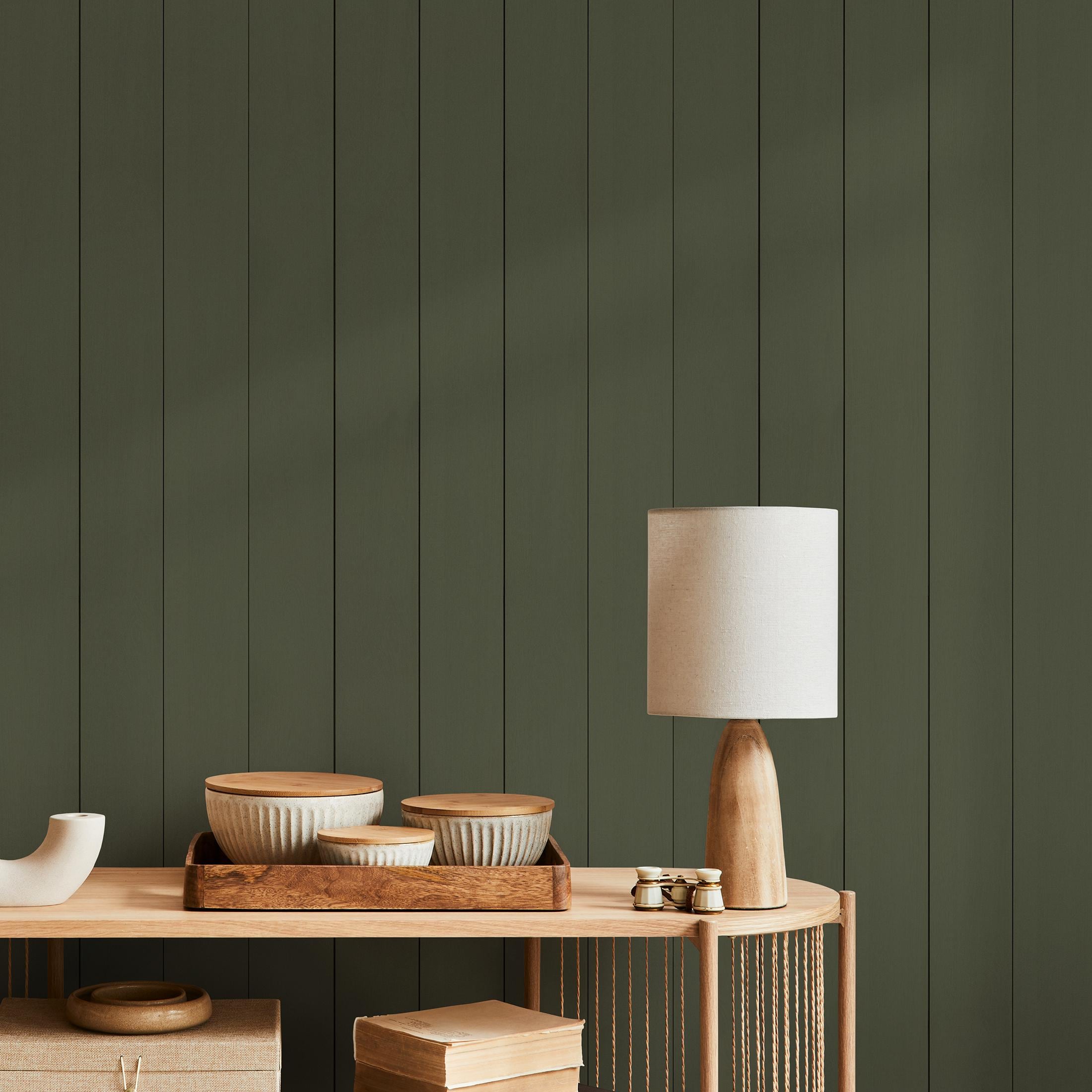 Wood Panel Wallpaper With Vertical Slats in Olive Green and Black ...