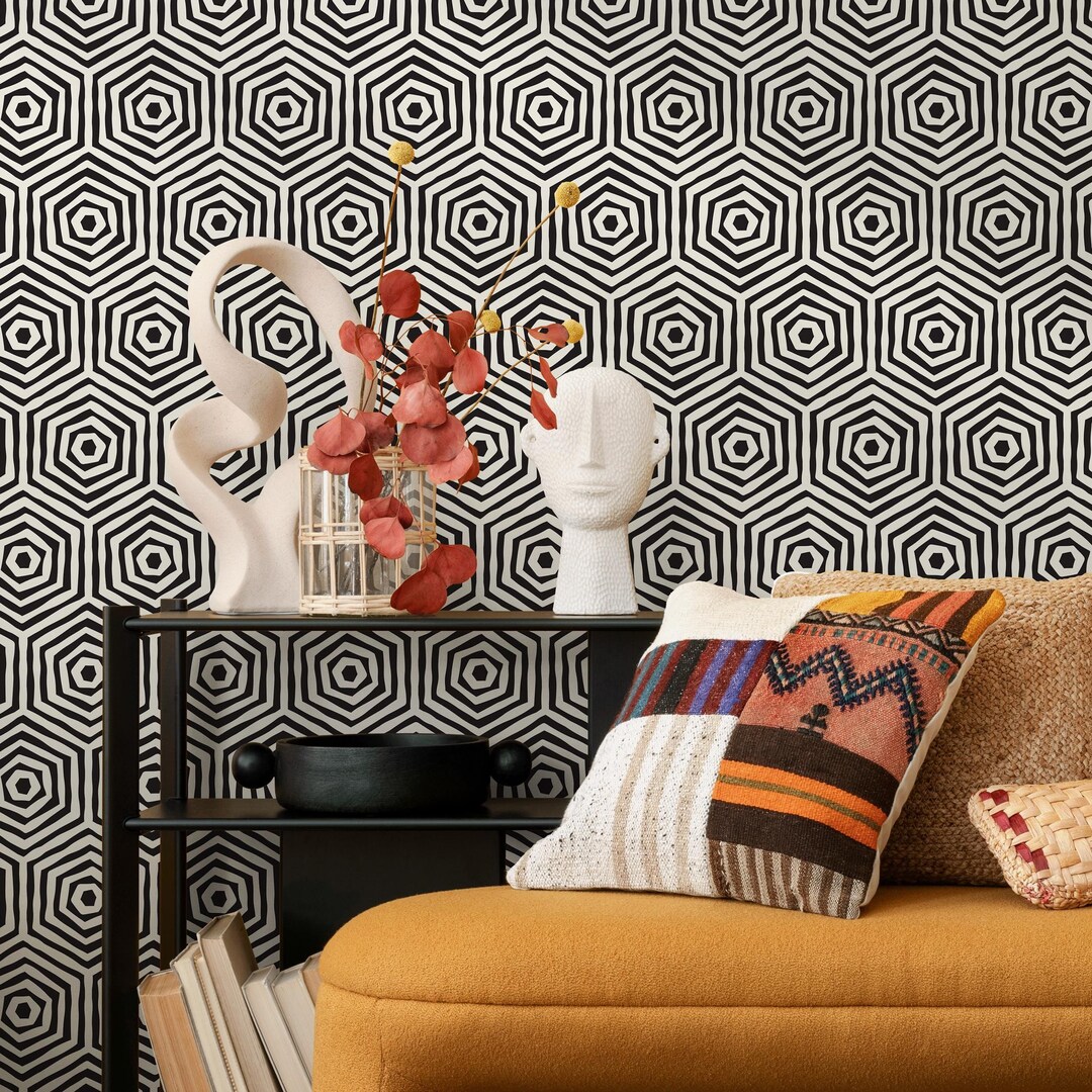 Geometric Wallpaper With Concentric Hexagons in Black and White - C312 ...