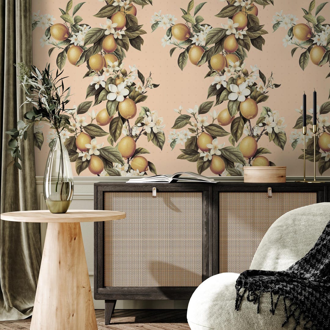 Vintage Lemon Tree Wallpaper, Citrus Wallpaper, Fruit Kitchen Wallpaper ...