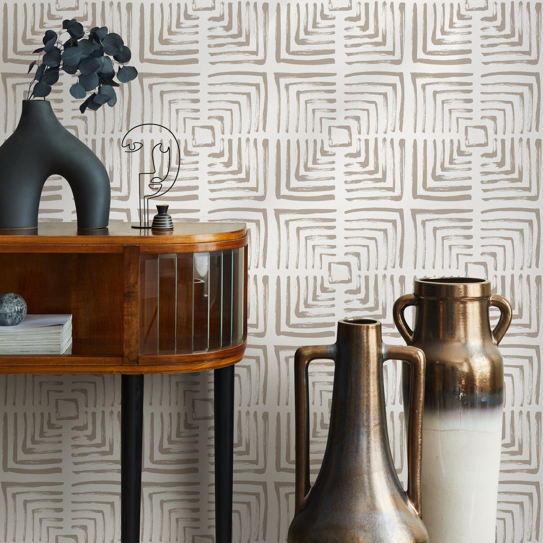 Geometric Wallpaper With Hand-drawn Concentric Squares in Taupe - C068 ...