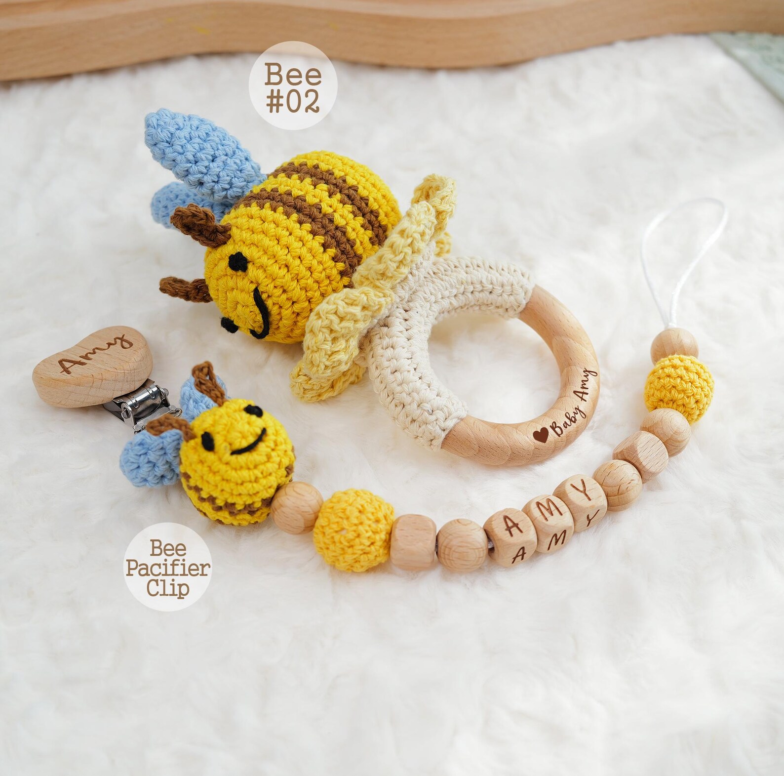 Crochet Bee Rattle & Bee Pacifier Clip for Babies, Custom Wooden Baby ...