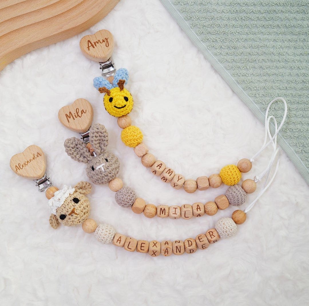 Personalized Baby Pacifier Clips & Rattles, Baby Boy Crochet Binky ...