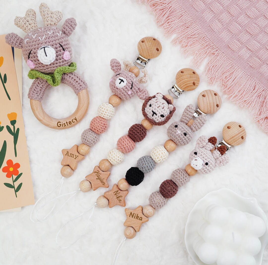 Personalized Baby Pacifier Clips & Rattles, Baby Boy Crochet Binky ...