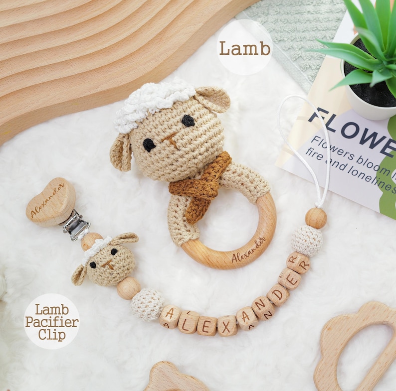 Crochet Lamb Rattle & Pacifier Clip for Babies, Custom Wooden Baby ...