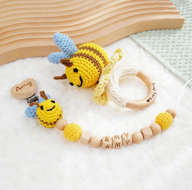 Crochet Bee Rattle & Bee Pacifier Clip for Babies, Custom Wooden Baby ...