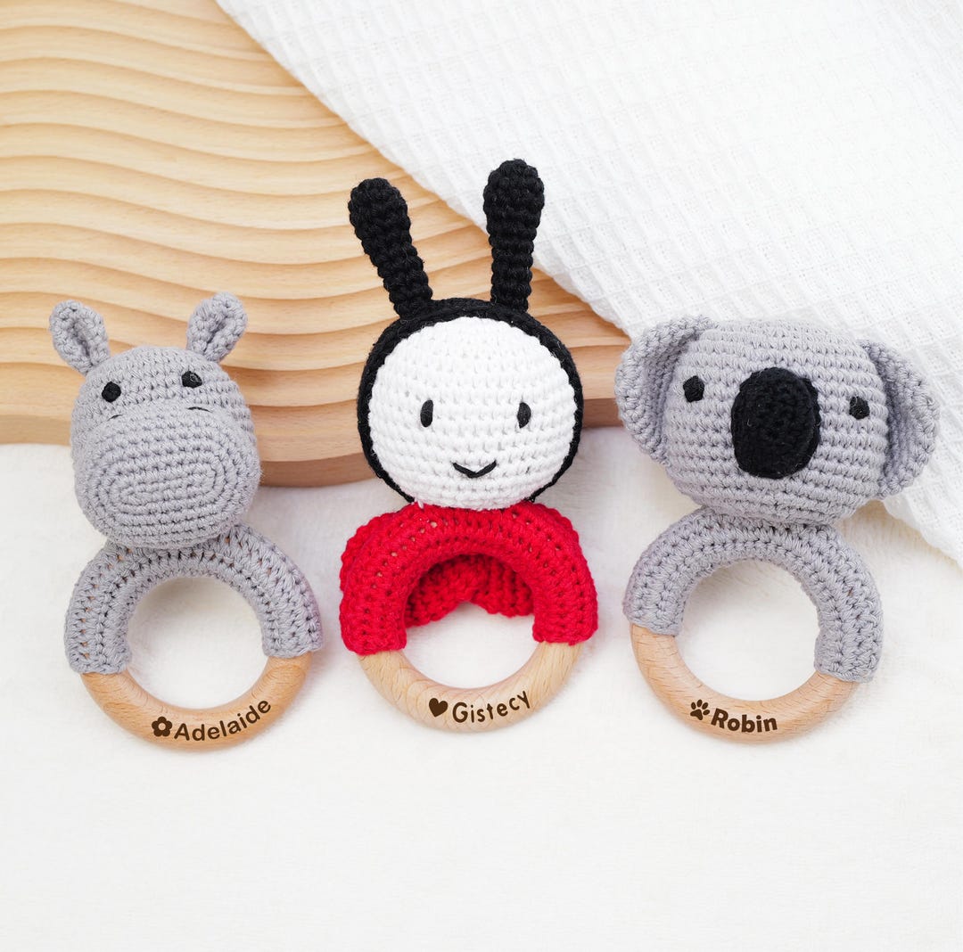 Custom Crochet Baby Rattle, Wooden Baby Rattle, Hippo Rattle, Ladybug ...