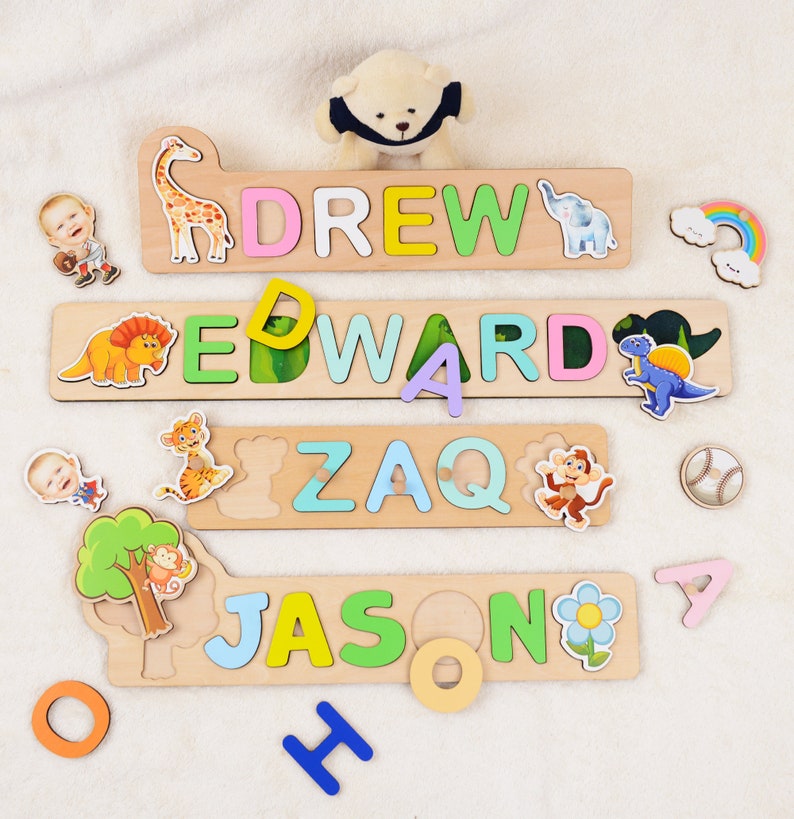 Personalized Wooden Name Puzzle for Toddlers With Monkey & Tiger ...