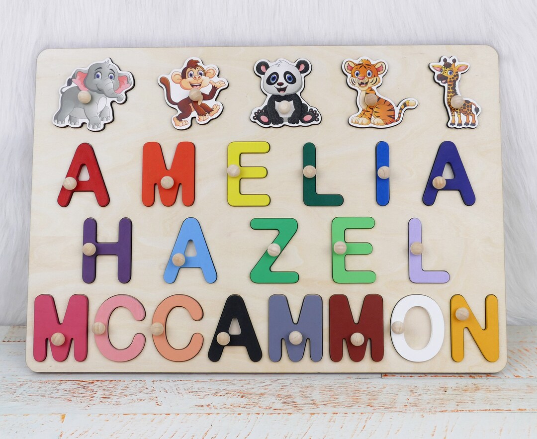 Personalized Baby Name Puzzle, Wooden Name Puzzle With Animals, Toddler ...