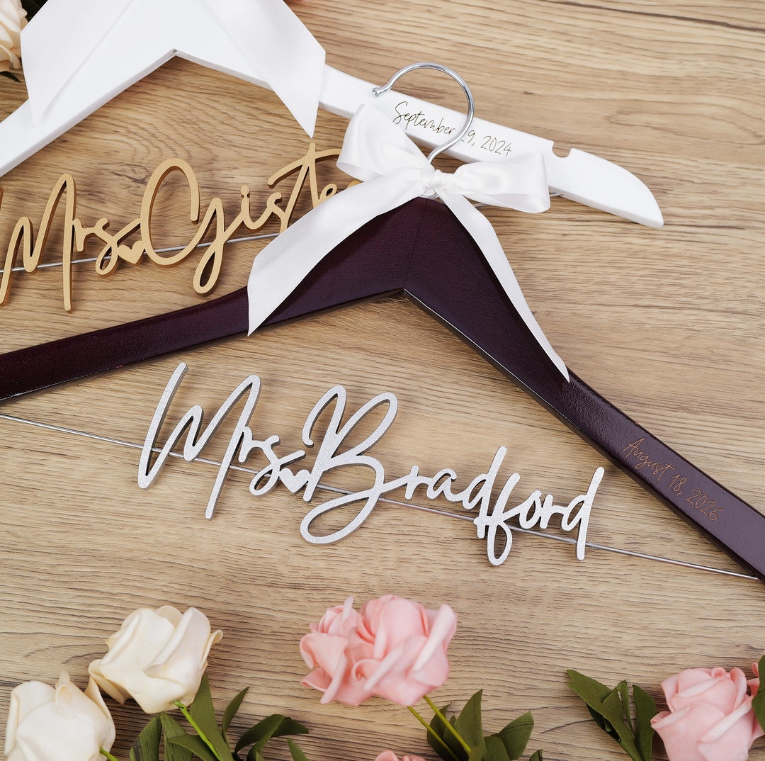 Personalized Bridal Hanger: Engraved Wedding Date, White Wooden Dress ...