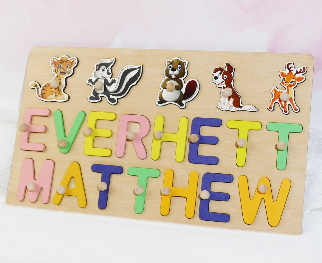 Wooden Name Puzzle With Pegs Animals for Toddler Baby, Custom First ...