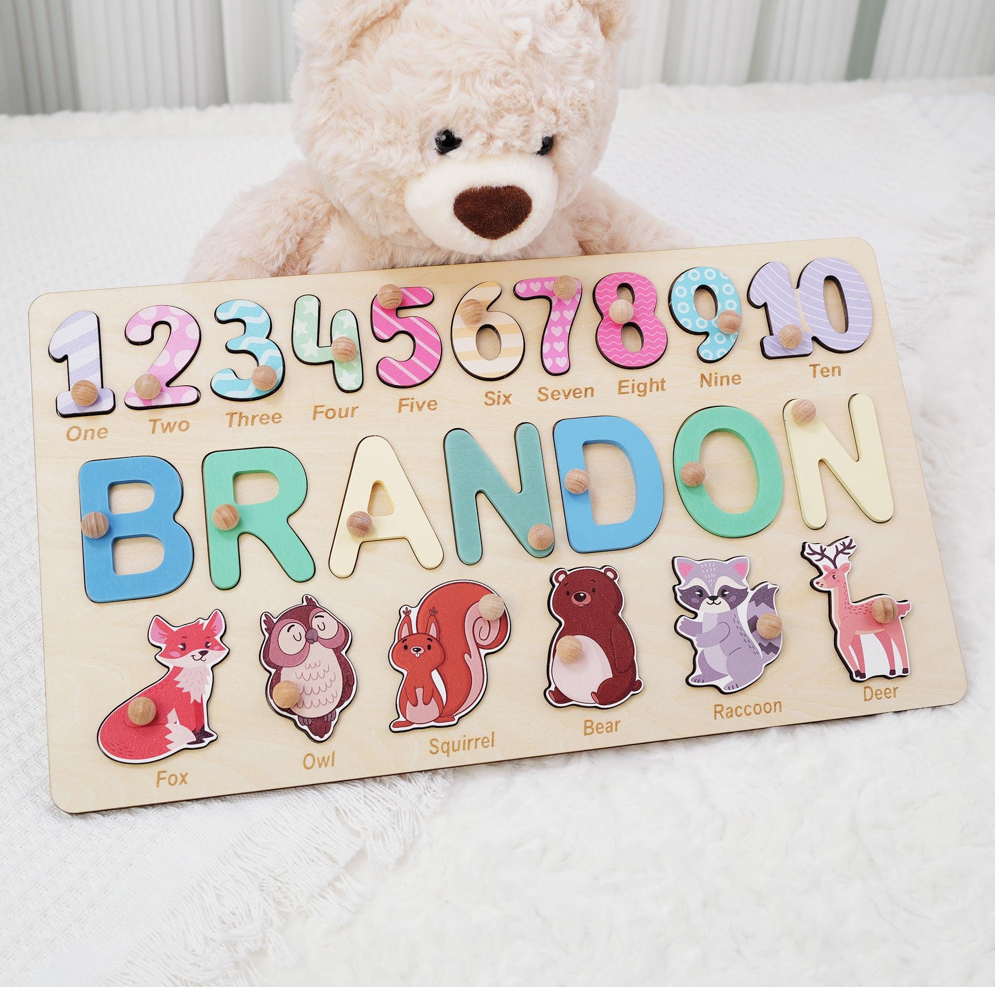 Name Puzzle Board With Numbers 1-10, Animals Name Puzzle, Wooden Puzzle ...