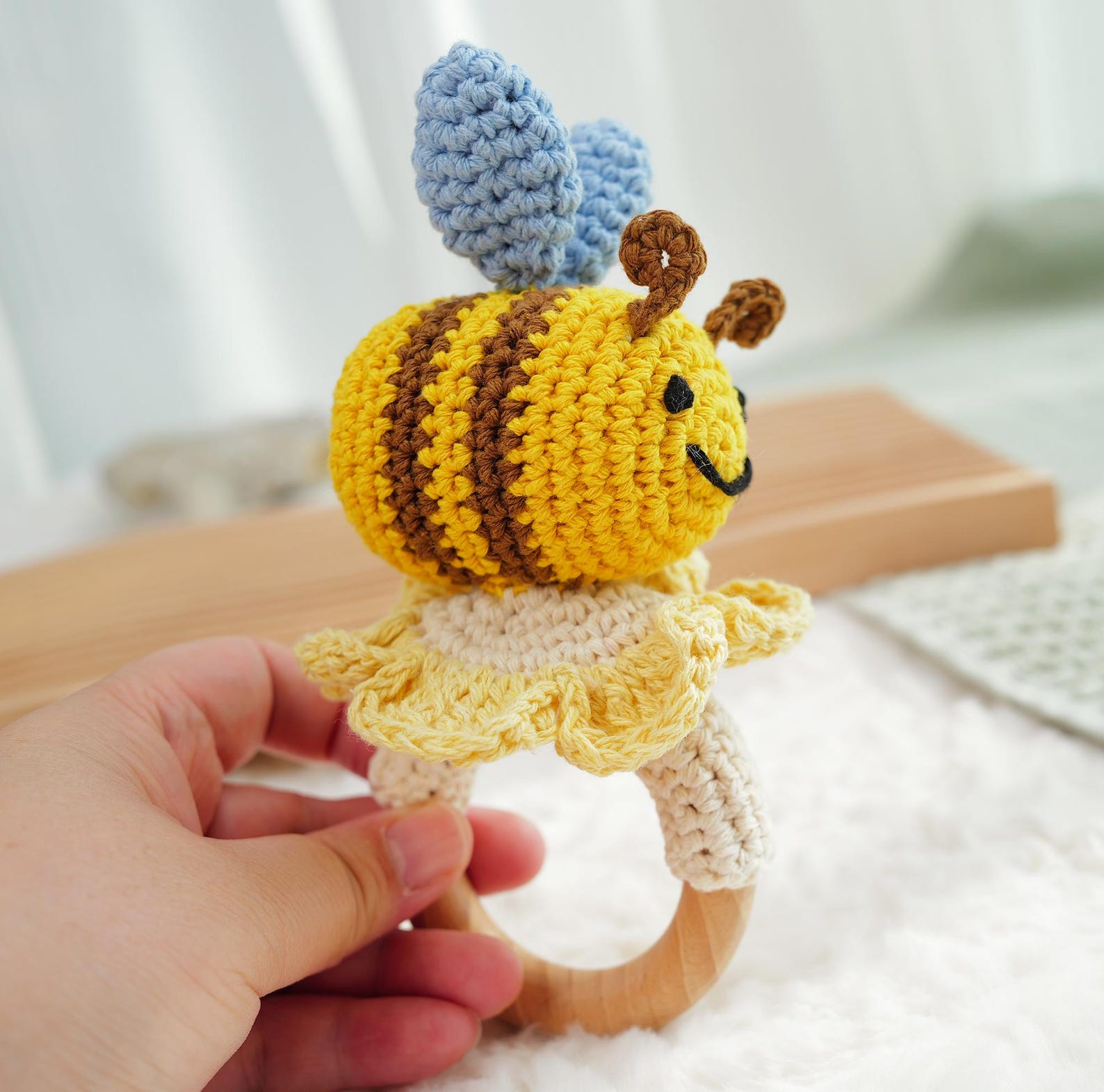 Crochet Bee Rattle & Bee Pacifier Clip for Babies, Custom Wooden Baby ...