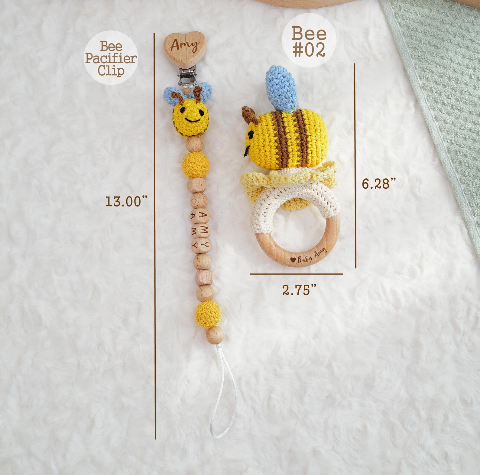 Crochet Bee Rattle & Bee Pacifier Clip for Babies, Custom Wooden Baby ...