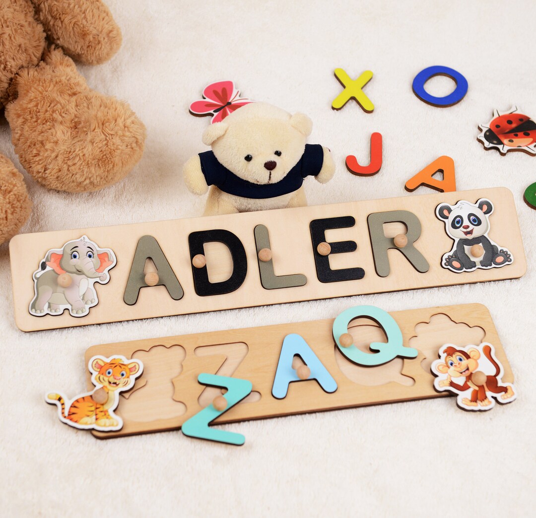 Custom Name Puzzle With Pegs Animal Theme, Baby Boy Girl 1st 2nd 3rd ...