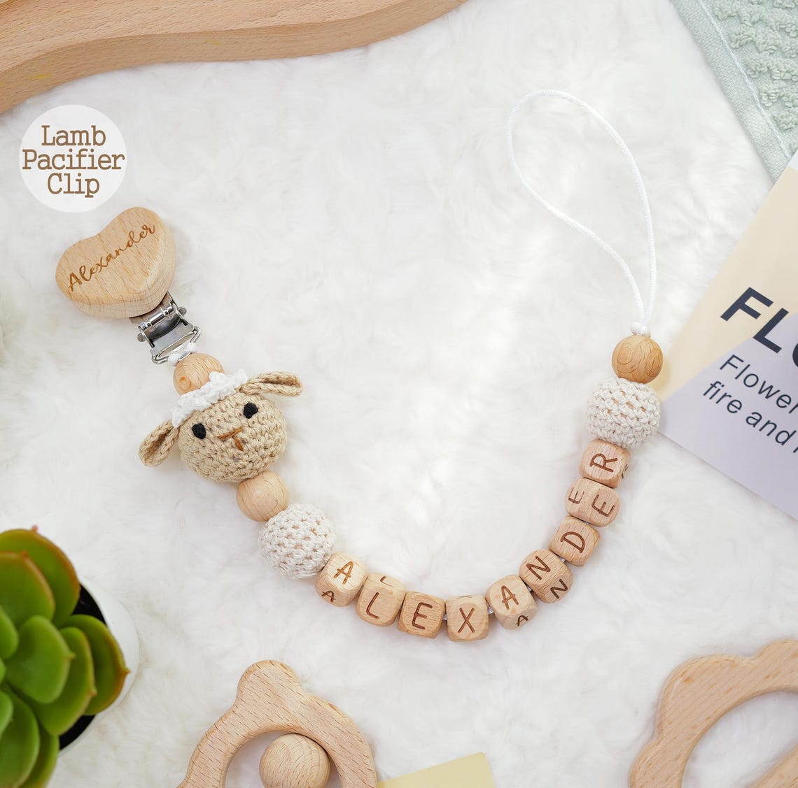 Crochet Lamb Rattle & Pacifier Clip for Babies, Custom Wooden Baby ...