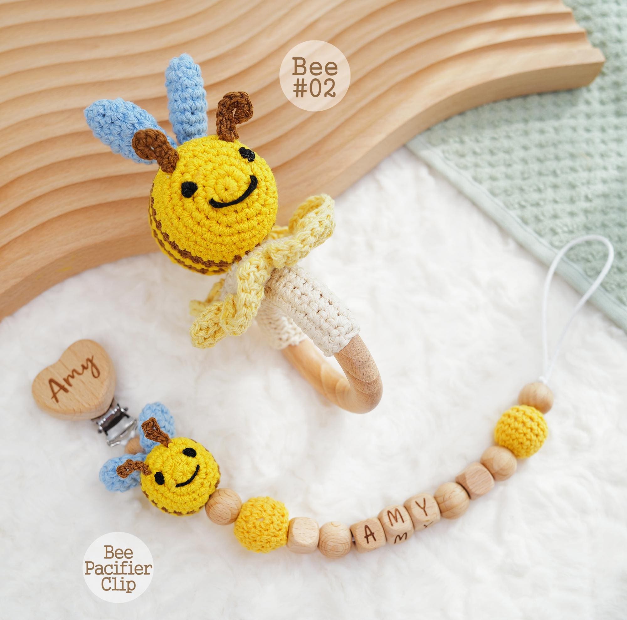 Crochet Bee Rattle & Bee Pacifier Clip for Babies, Custom Wooden Baby ...