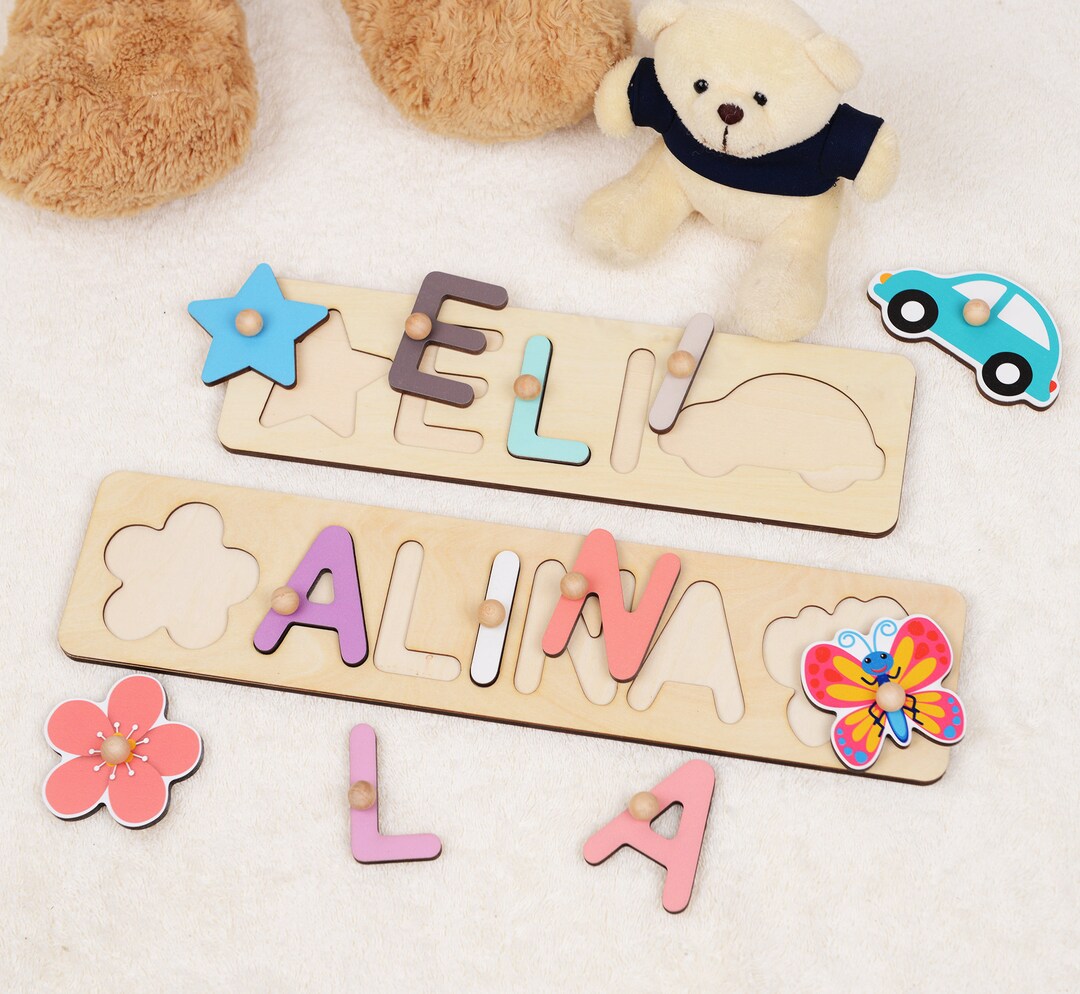 Wooden Name Puzzle With Pegs for Toddlers, Birthday Gift for Baby Girl ...