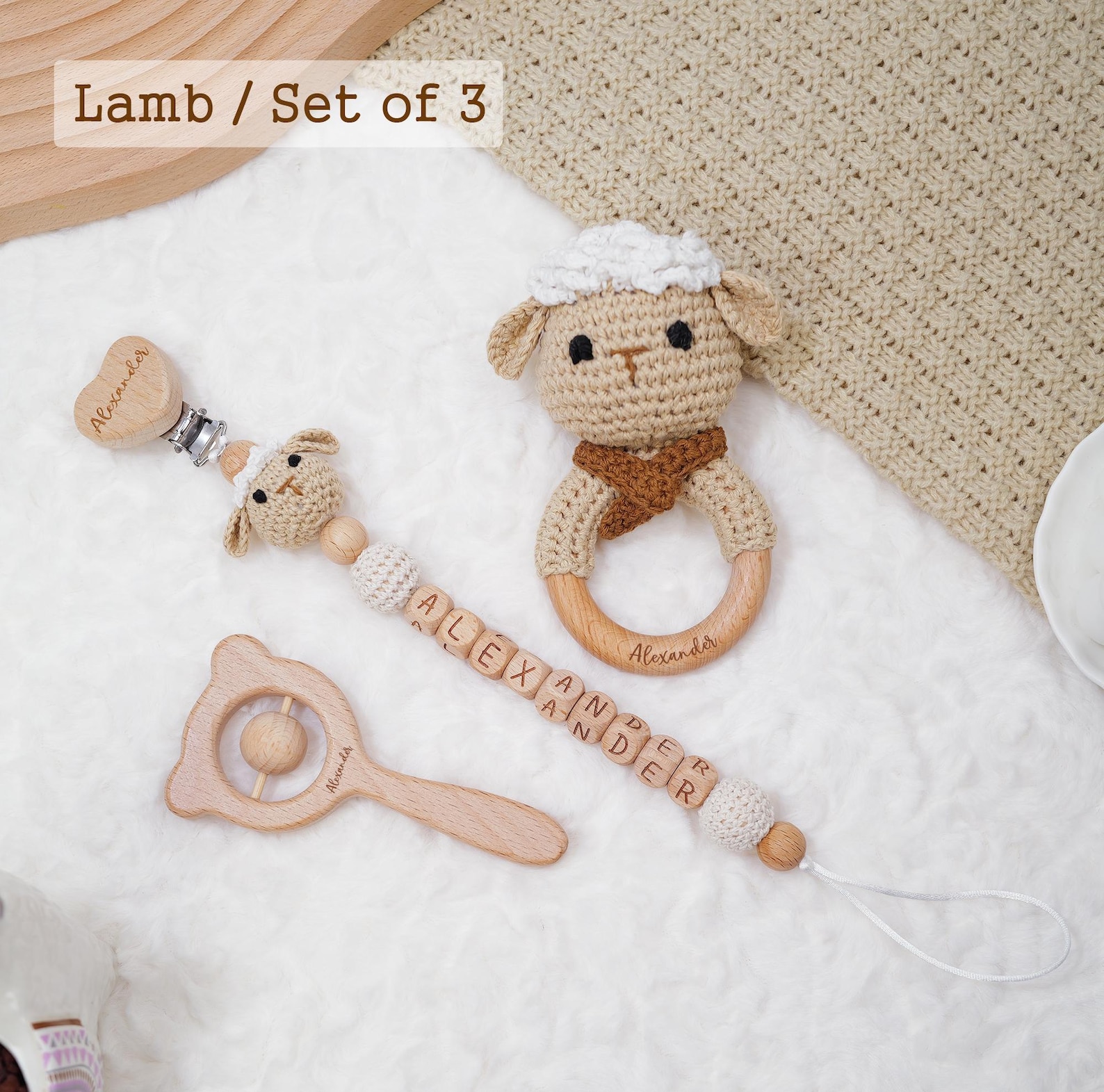 Crochet Lamb Rattle & Pacifier Clip for Babies, Custom Wooden Baby ...