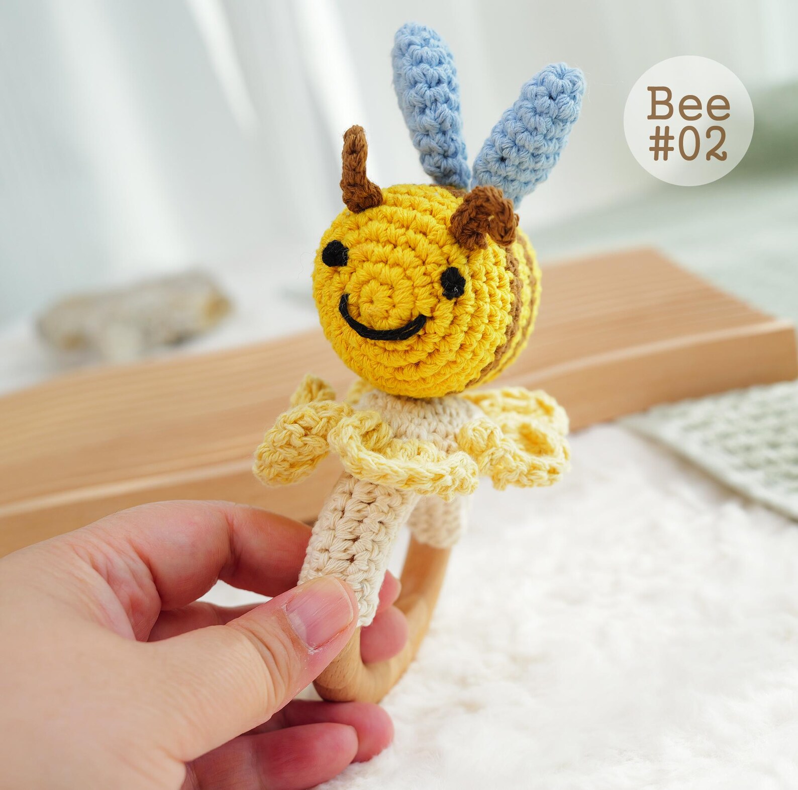 Crochet Bee Rattle & Bee Pacifier Clip for Babies, Custom Wooden Baby ...