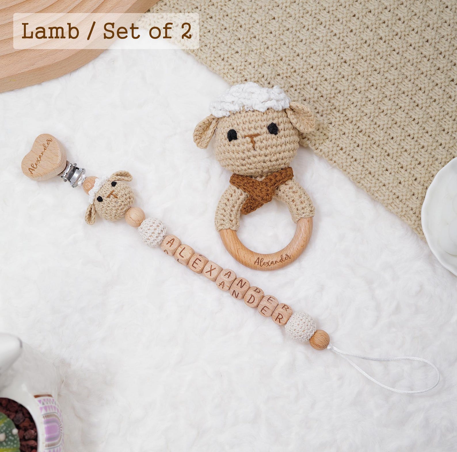 Crochet Lamb Rattle & Pacifier Clip for Babies, Custom Wooden Baby ...