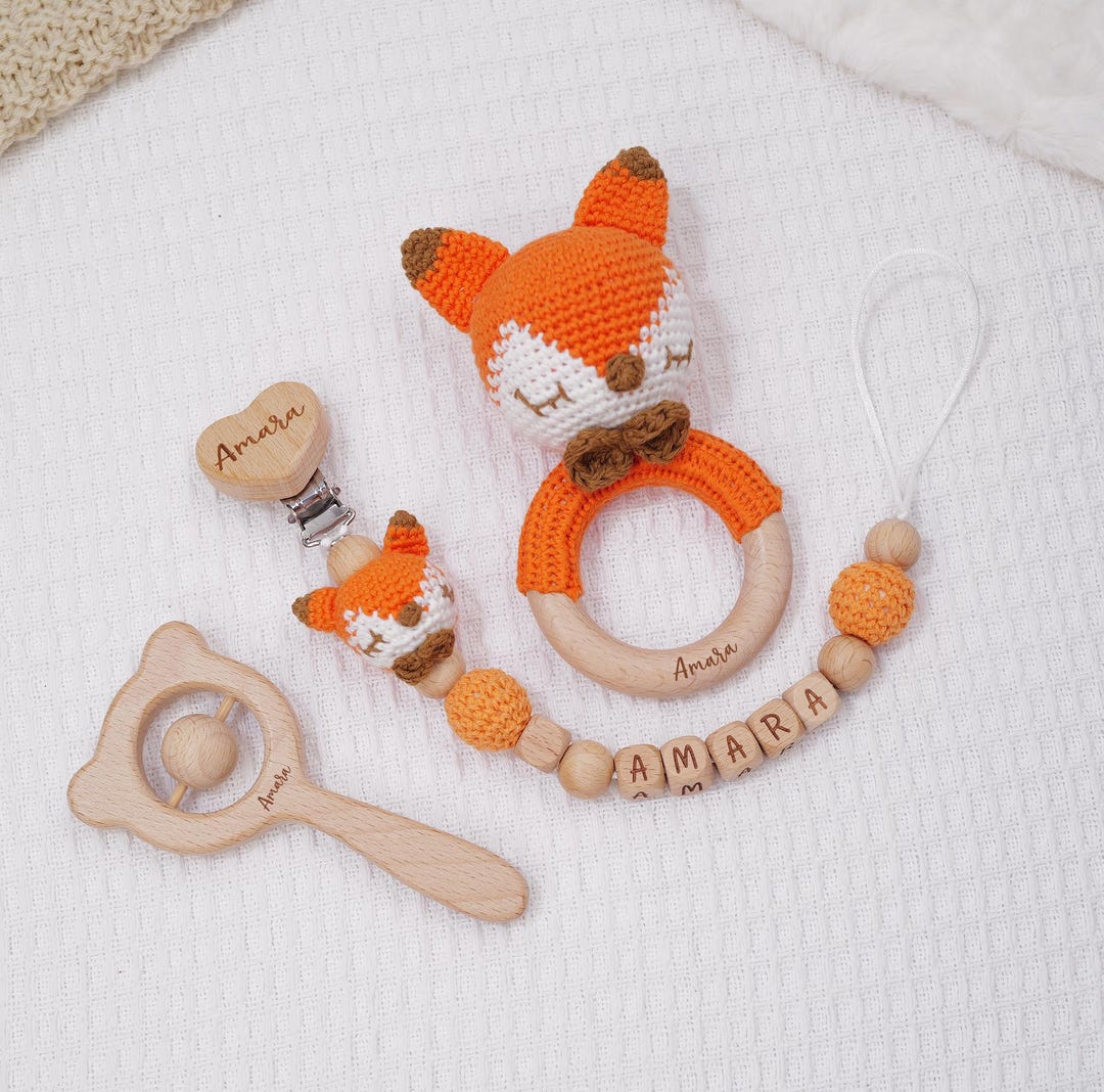 Custom Fox Crochet Rattle With Dummy Clip, Pacifier Clip Set for Baby ...